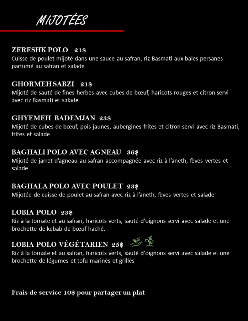 Menu - Restaurant Persepolis