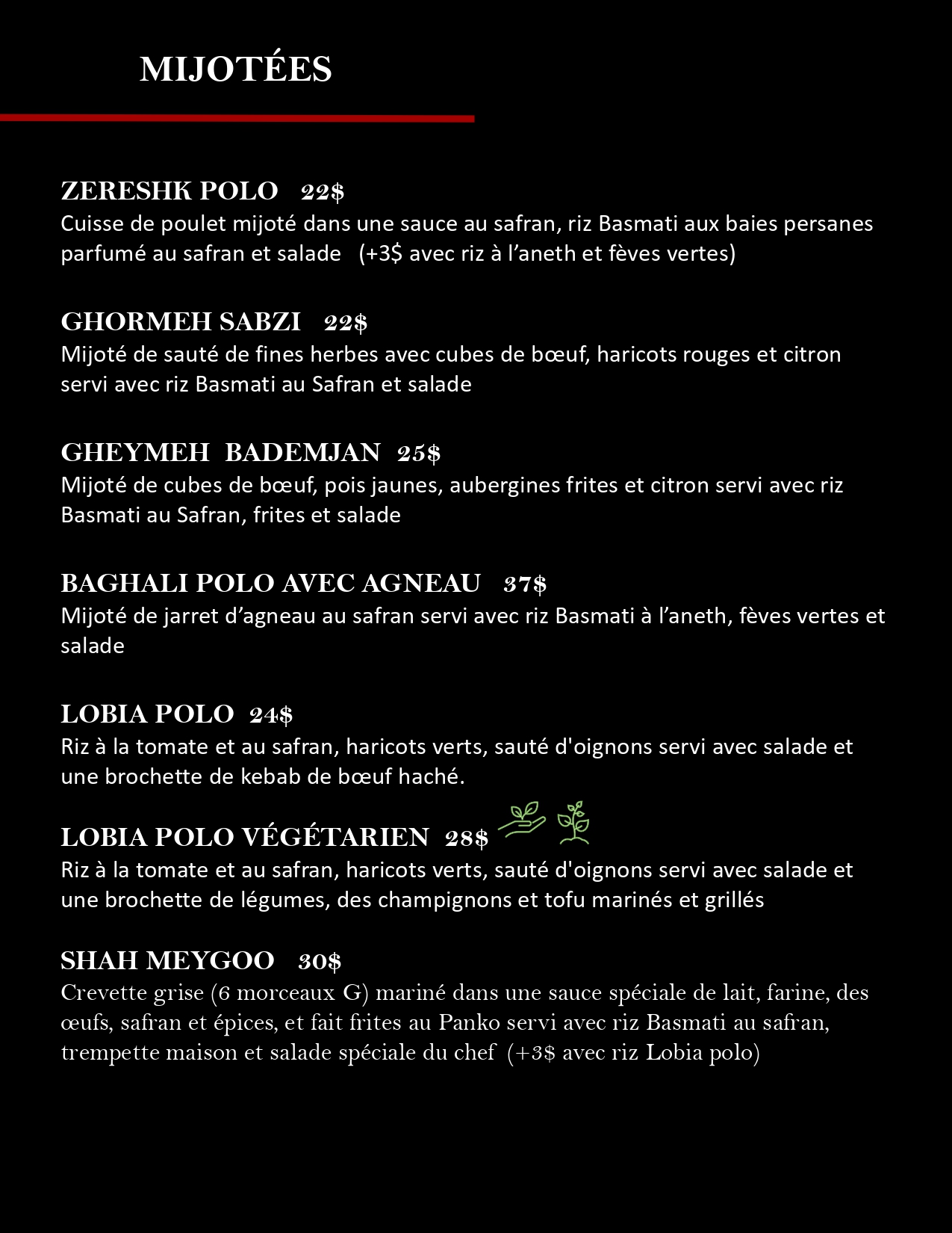 Menu - Restaurant Persepolis