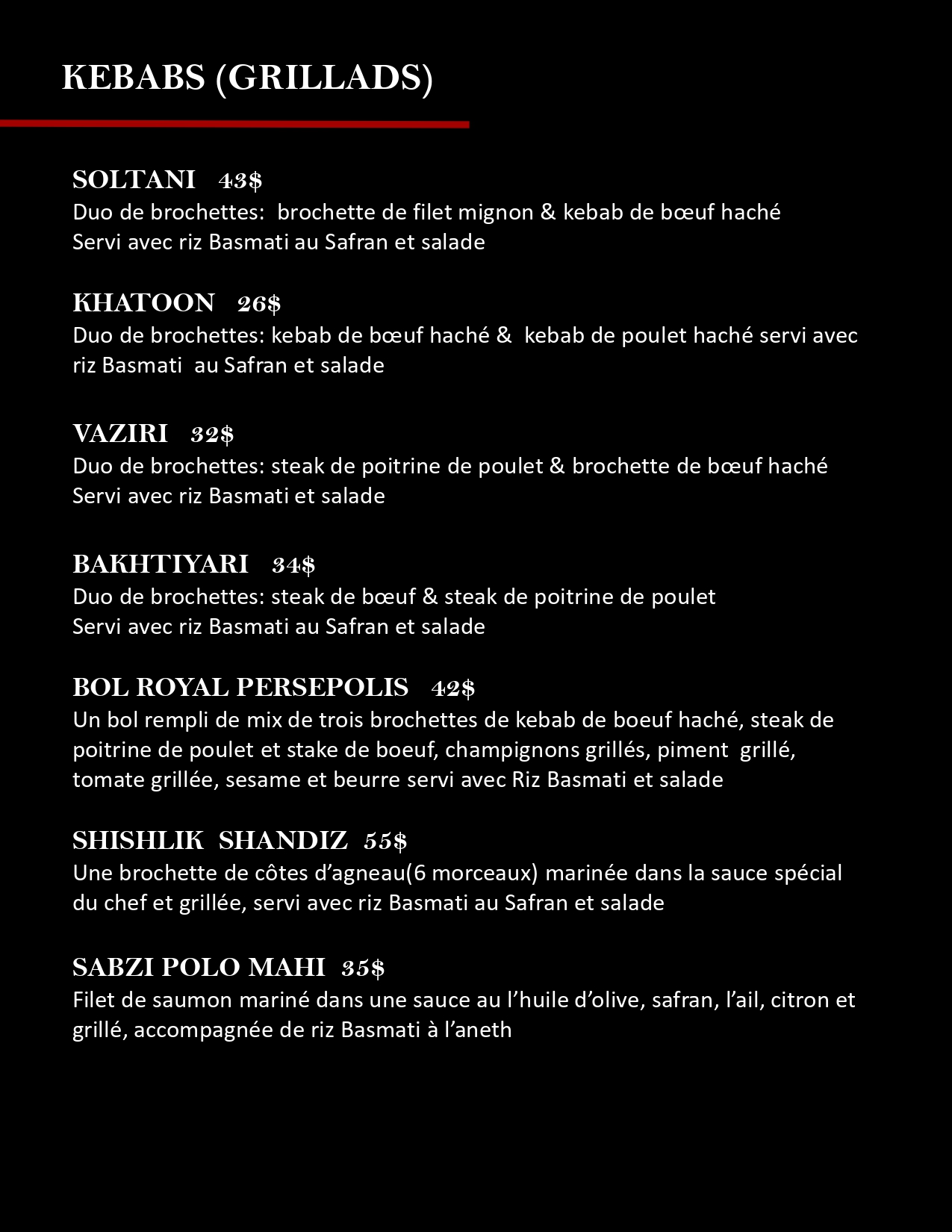 Menu - Restaurant Persepolis