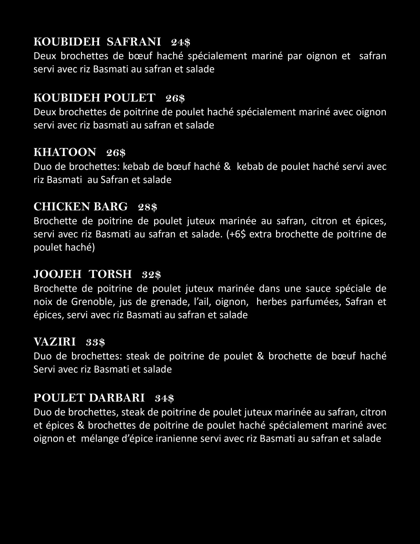 Menu - Restaurant Persepolis
